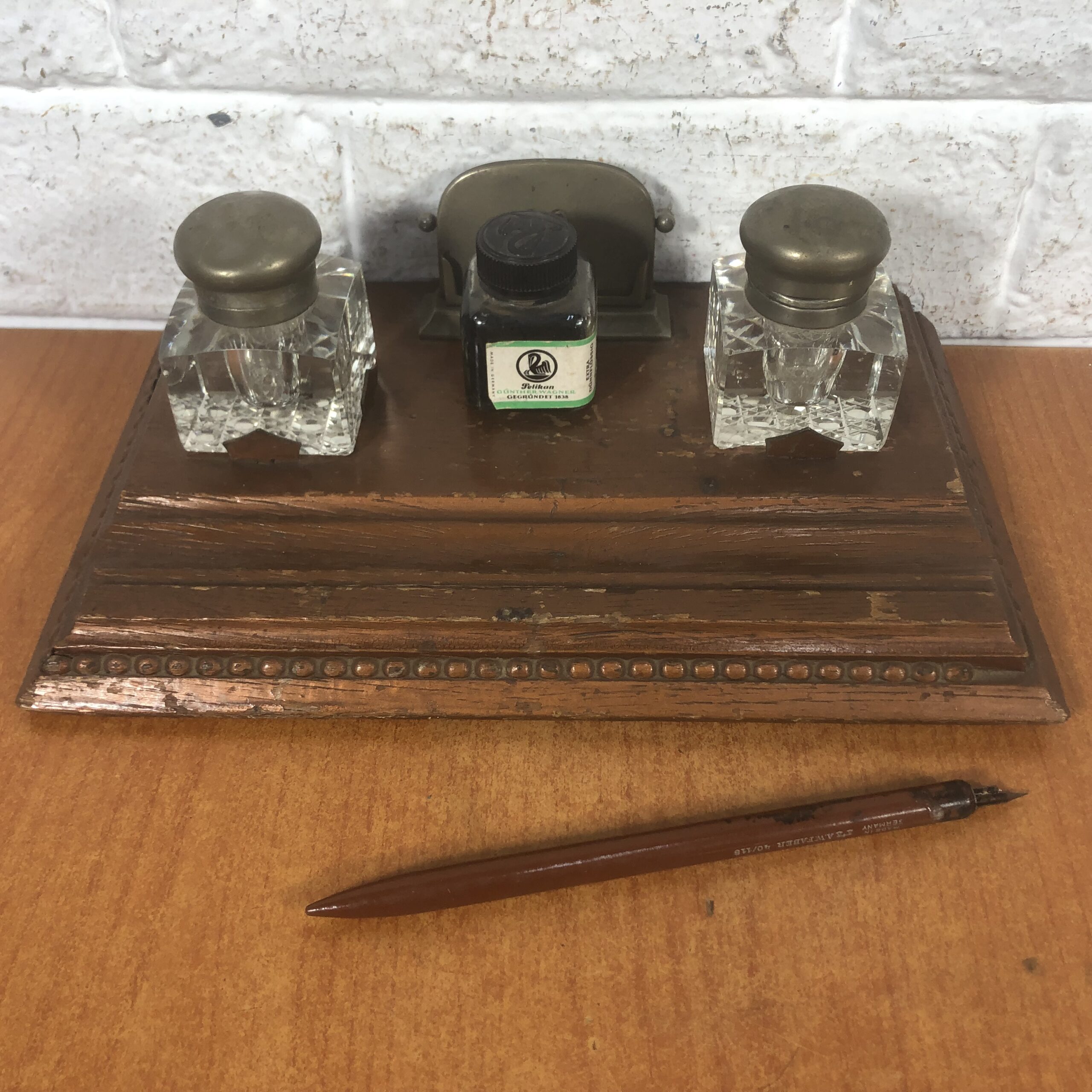 Vintage Inkwell Stand with Glass Inkwells & Ink - AuctionGiant